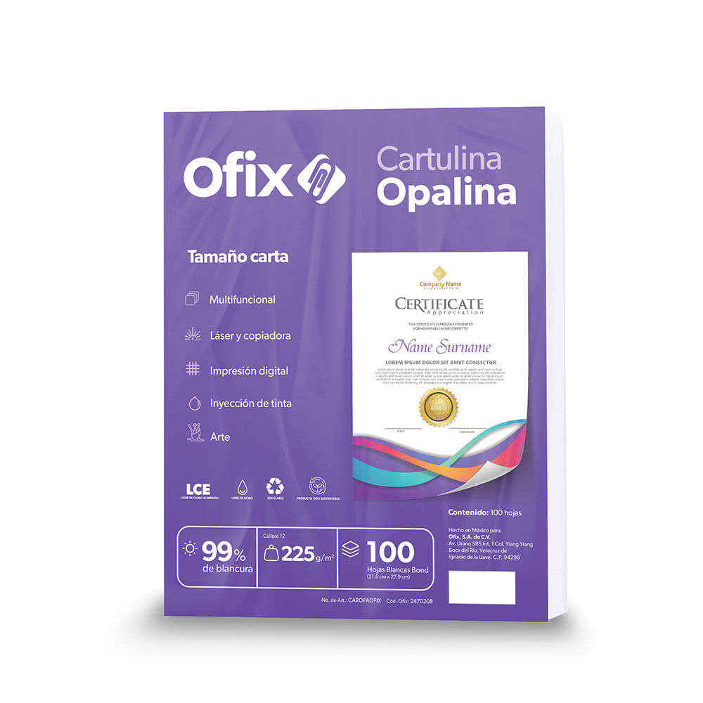 CARTULINA OPALINA CARTA BLANCA OFIX CON 100HJS CAROPAOFIX - Ofix